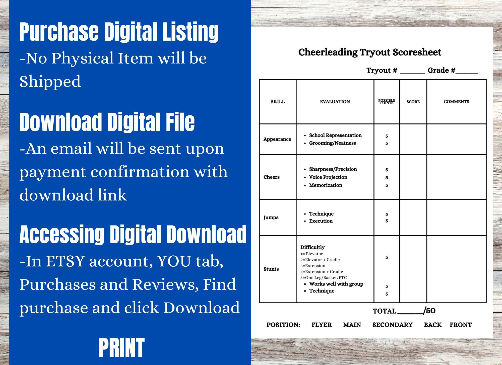 Printable Cheerleading NON-TUMBLE Tryout Scoresheet. Instant Download ...