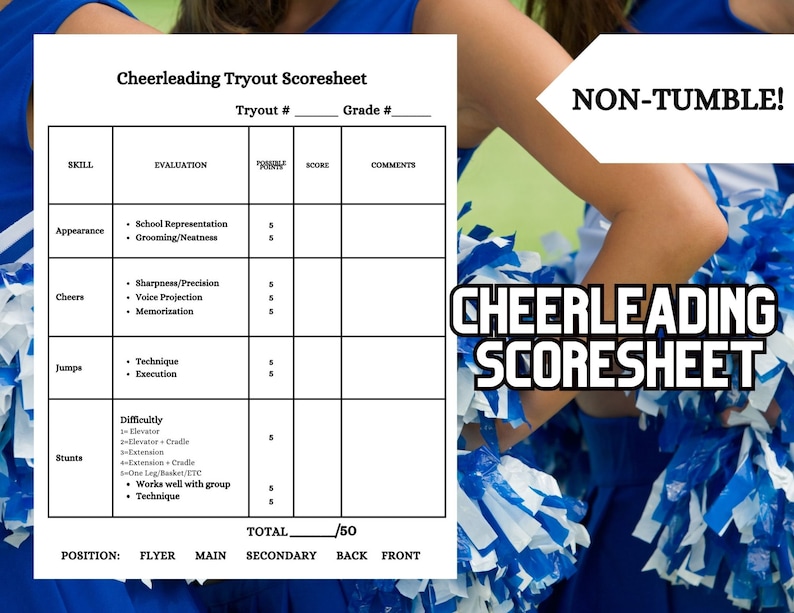 Printable Cheerleading NON-TUMBLE Tryout Scoresheet. Instant Download ...
