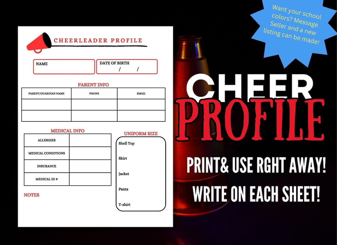 Printable Cheerleader Profile/information Sheet in Red Instant Download ...