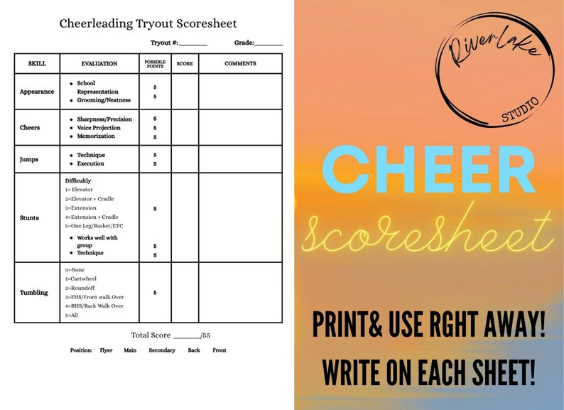 Printable Cheerleading Tryout Score Sheet. Instant Download Template for Cheer Coach, Team ...