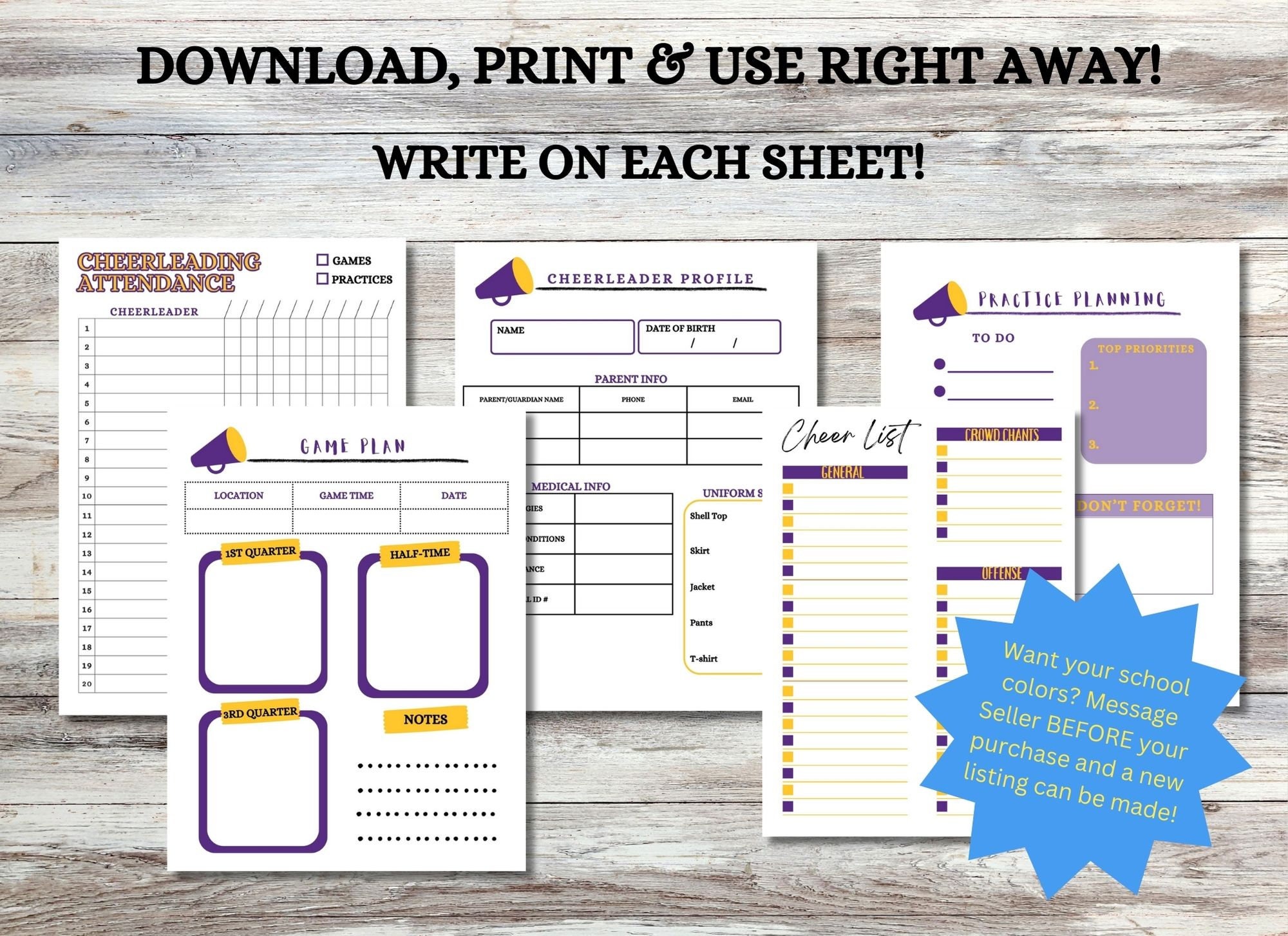 Printable Purple & Gold Cheerleading Season Planning Sheets ...