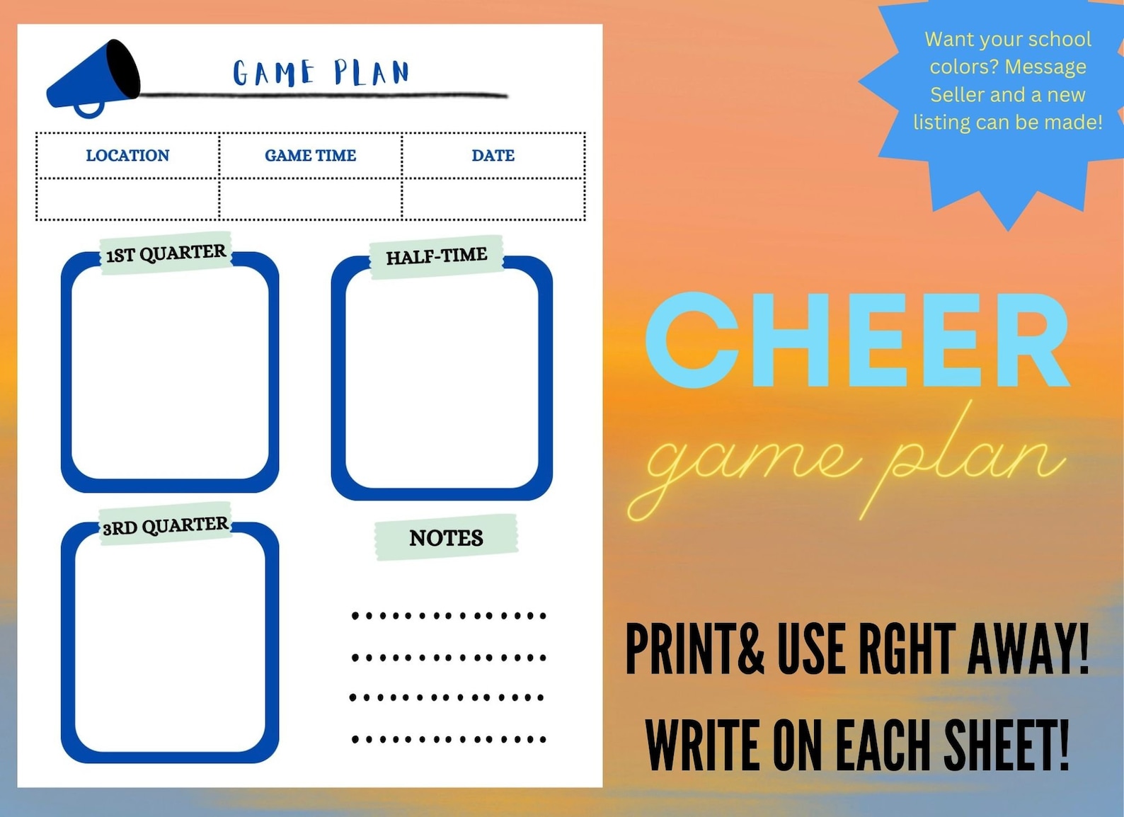 Printable Cheerleading Game Planner. Instant Download Template for ...