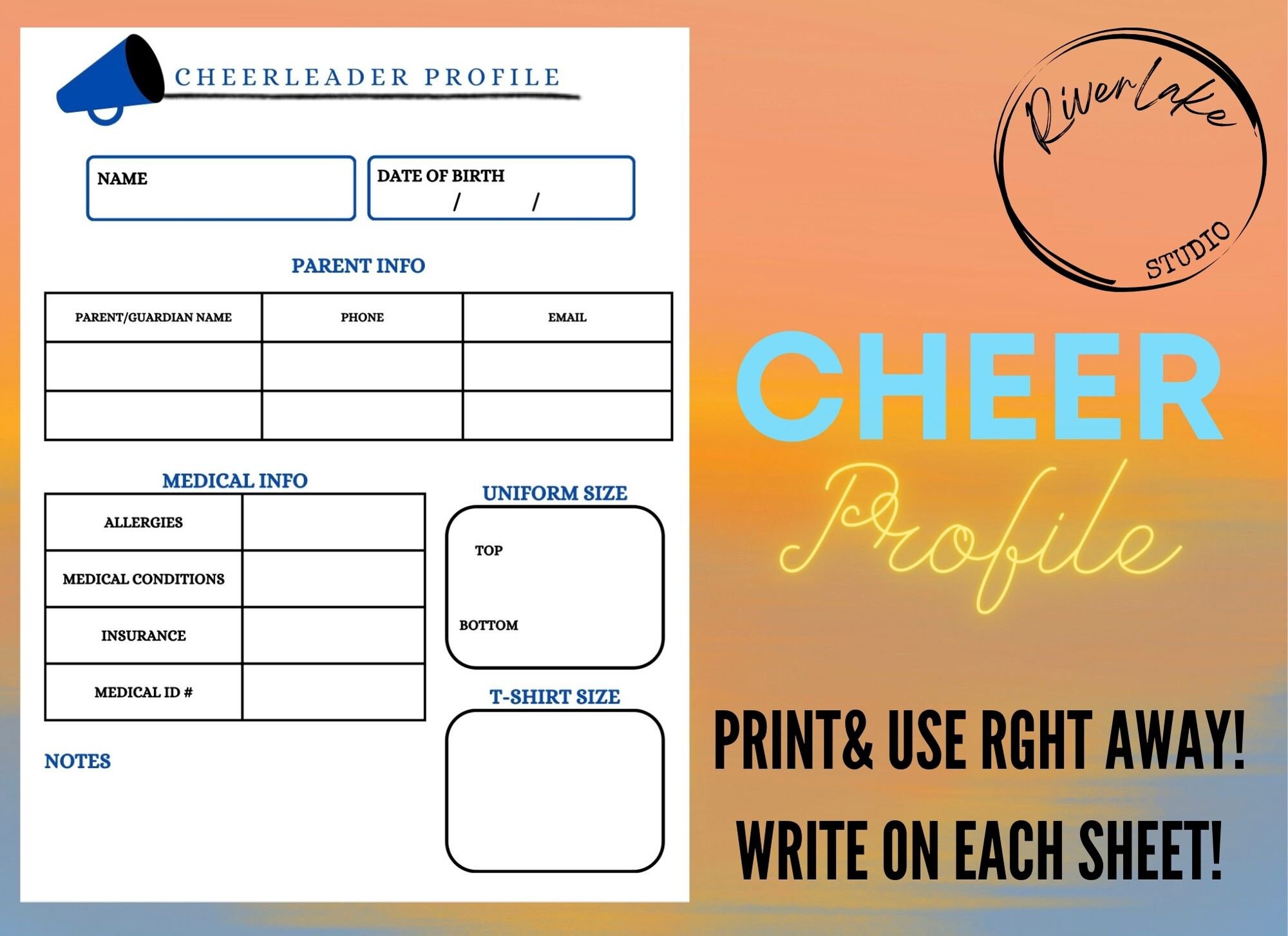 Printable Cheerleader Profile/information Sheet. Instant - Etsy