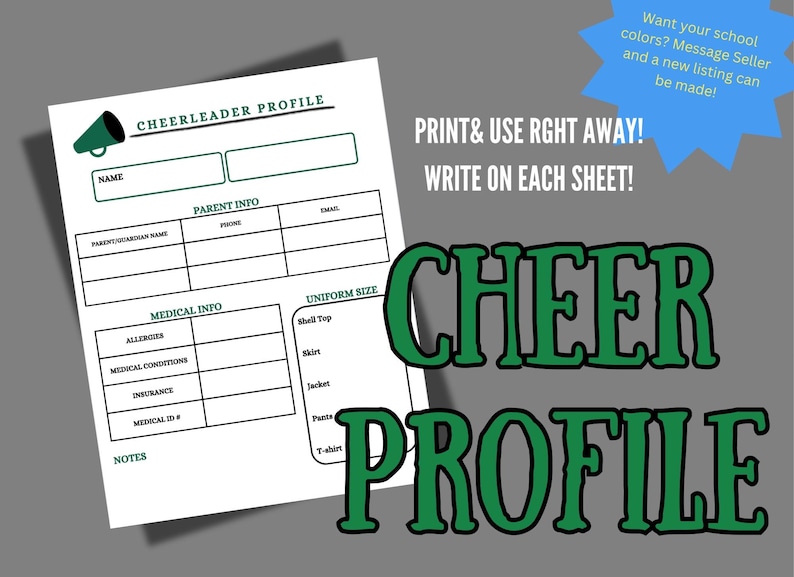 Printable GREEN Cheerleader Profile/information Sheet in Red Instant ...