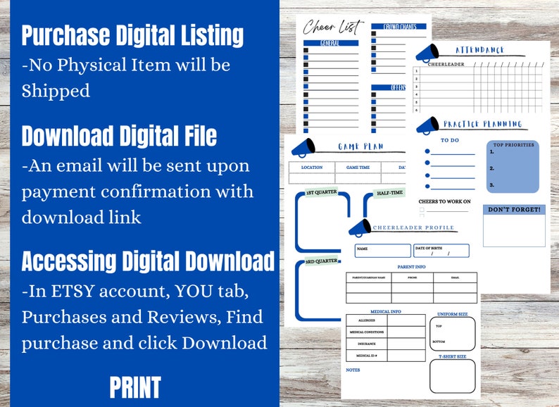 Printable BLUE Cheer Season Planning Sheets, Download Template for ...