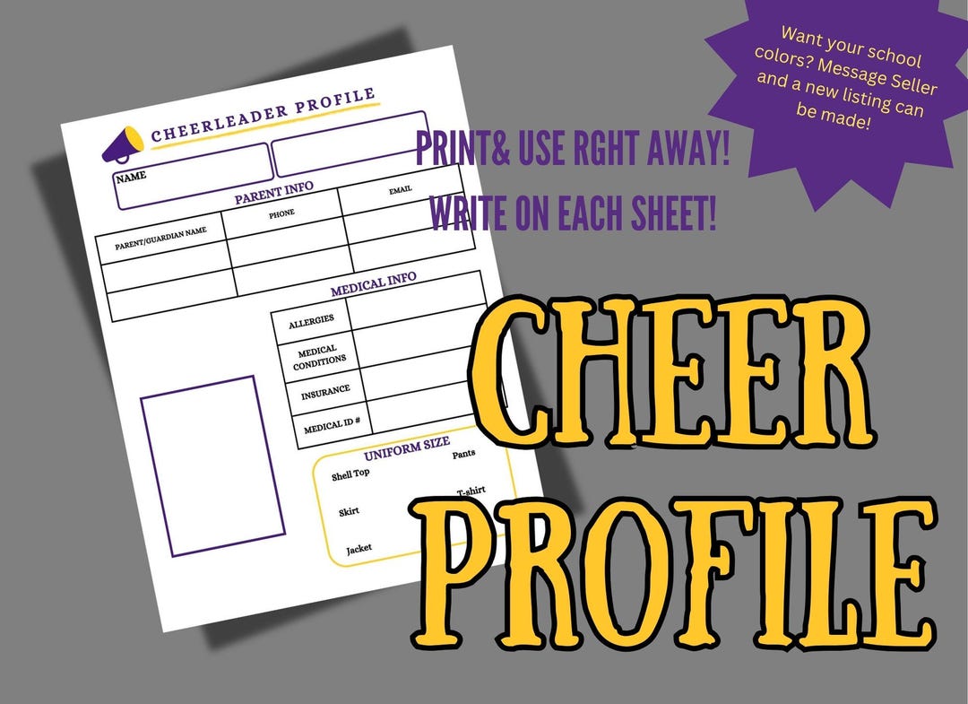 Printable Cheerleader Profile/information Sheet Purple/gold Instant ...