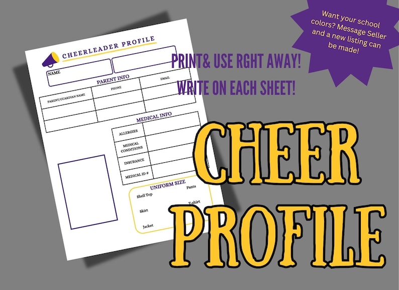 Printable Cheerleader Profile/information Sheet Purple/gold Instant ...