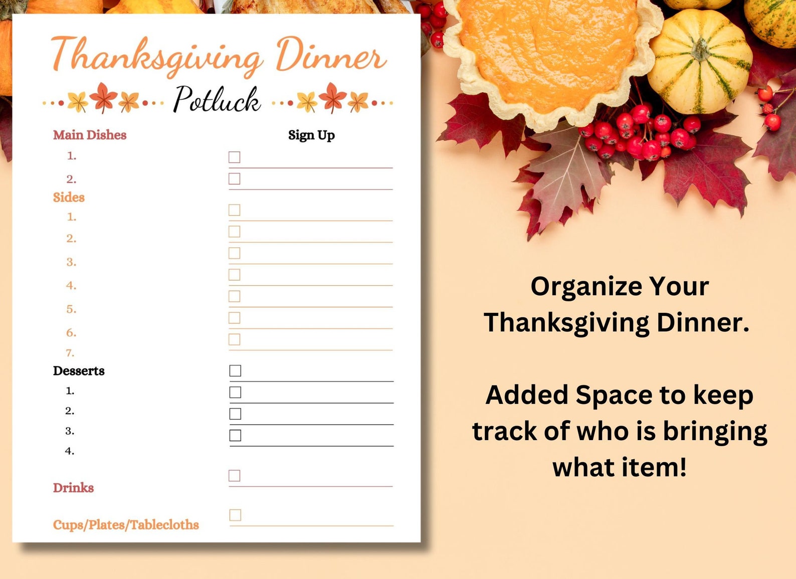 Thanksgiving Family Dinner Organizer/ Sign up Sheet, Meal List ...