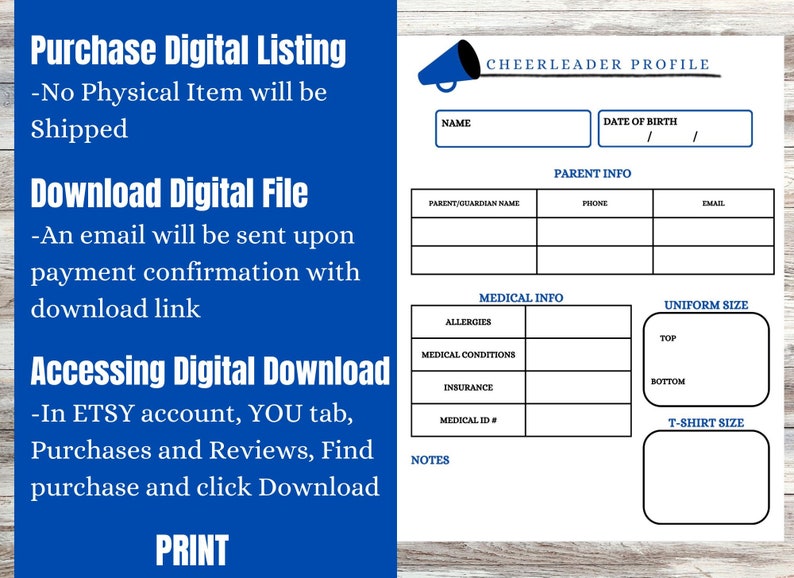 Printable Cheerleader Profile/information Sheet. Instant Download for Coach, Team Captain, Team ...
