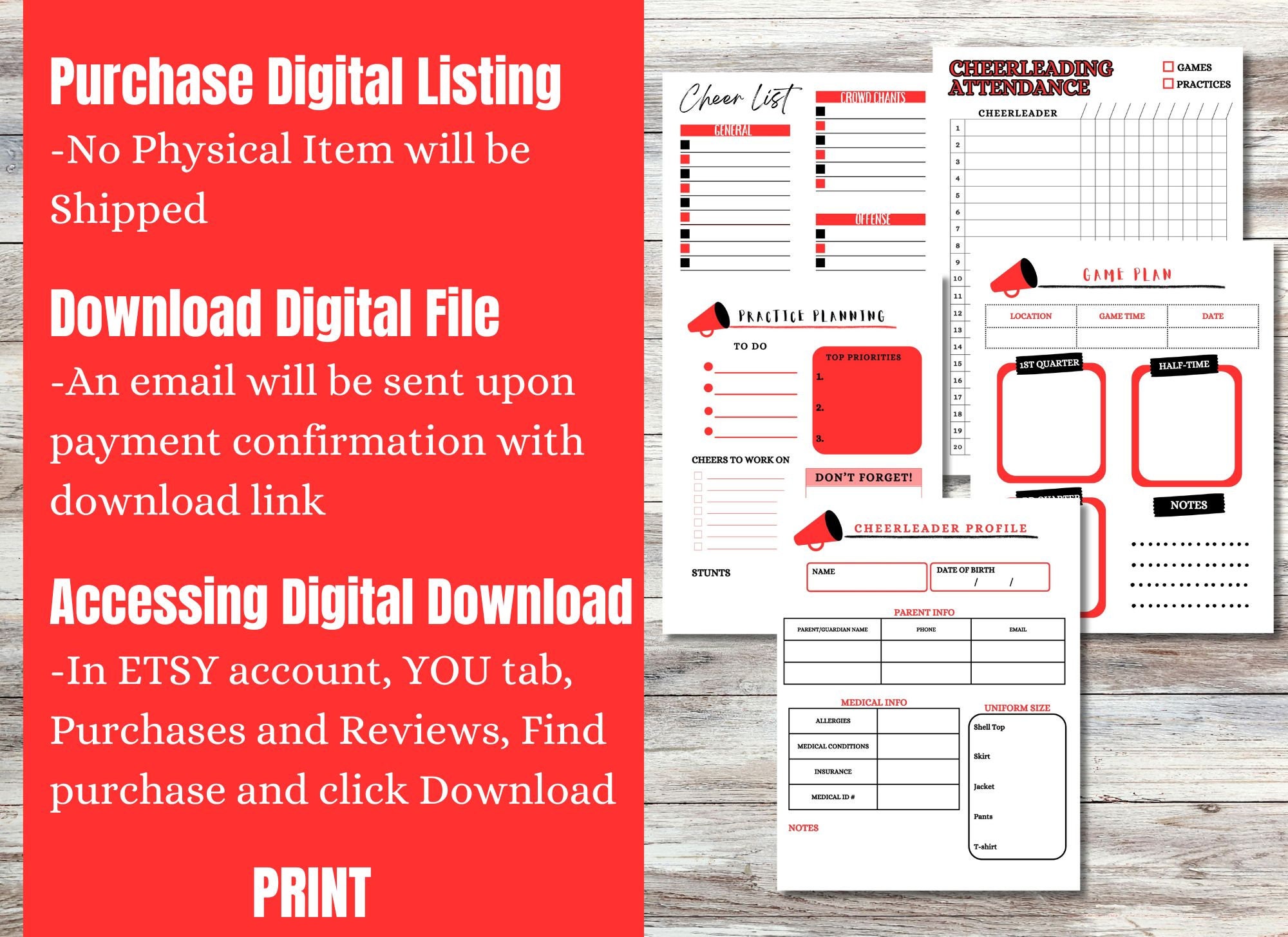 Red Cheer Season Planning Sheets, for Coach, Captain, Cheer Attendance ...