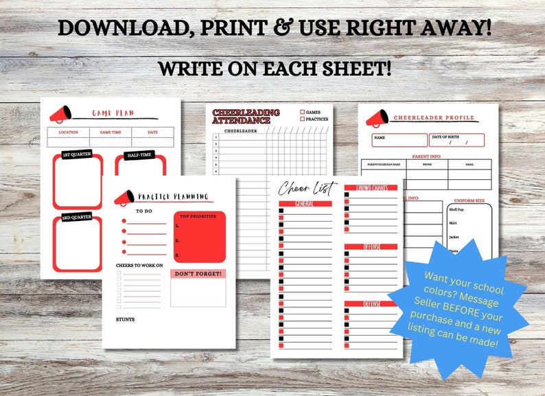Red Cheer Season Planning Sheets, for Coach, Captain, Cheer Attendance ...