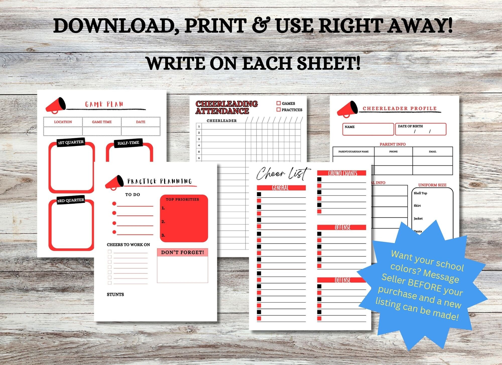 Red Cheer Season Planning Sheets, for Coach, Captain, Cheer Attendance ...