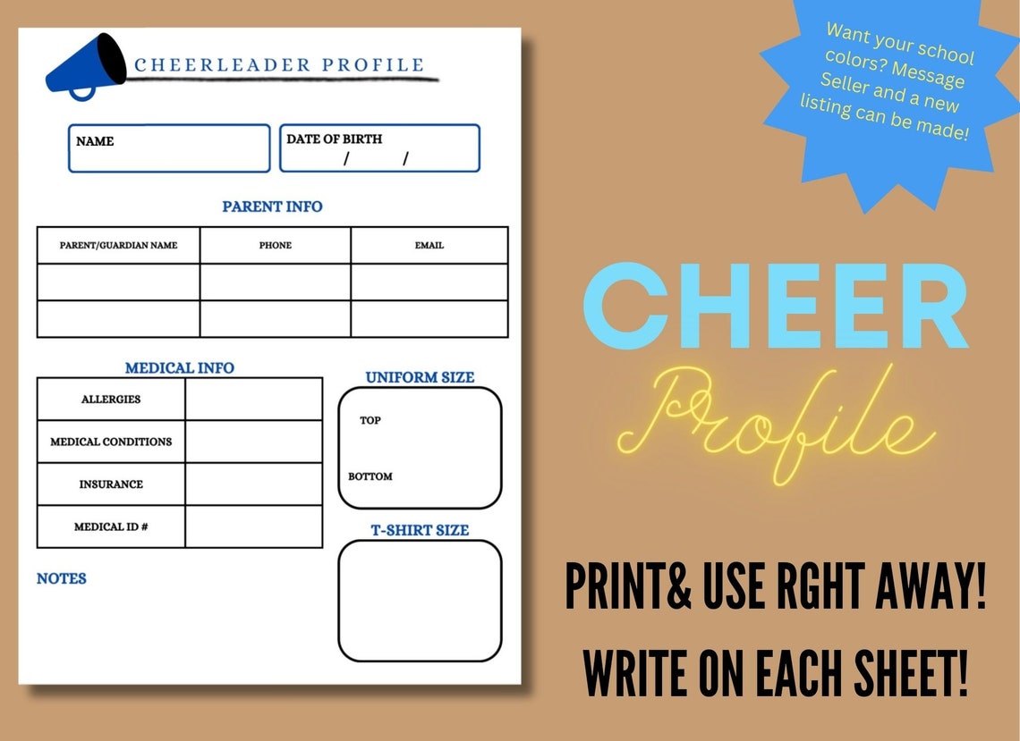 Printable Cheerleader Profile/information Sheet. Instant Download for ...
