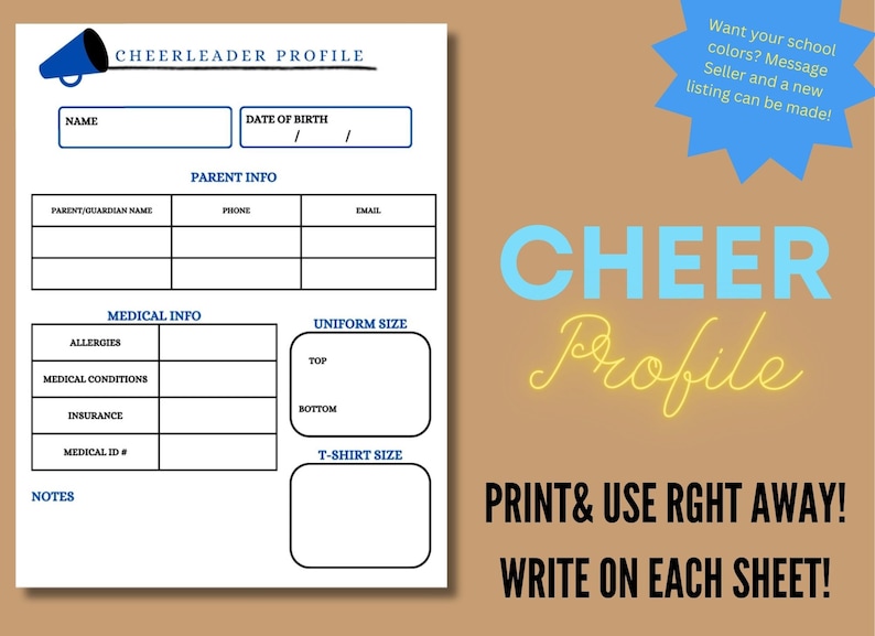Printable Cheerleader Profile/information Sheet. Instant Download for ...