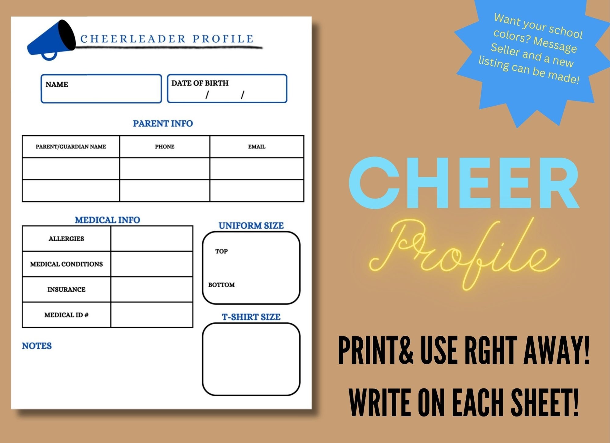 Printable Cheerleader Profile/information Sheet. Instant Download for Coach, Team Captain, Team ...