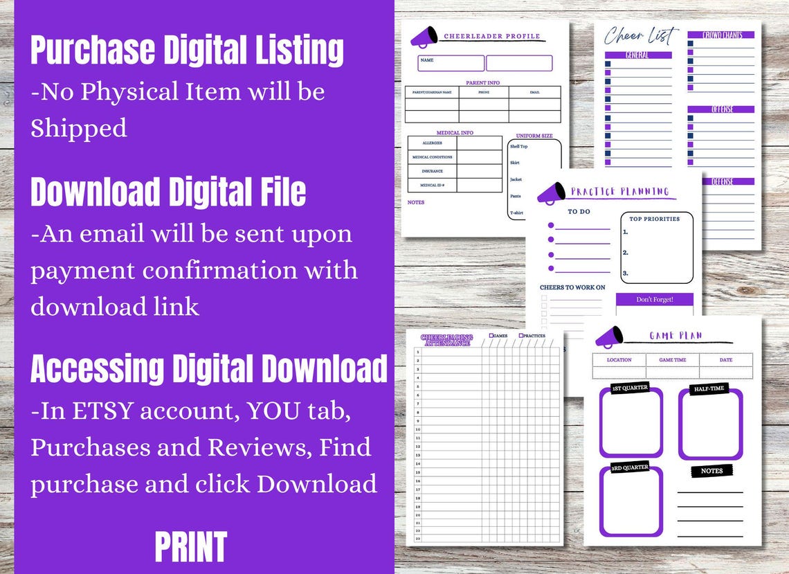 Purple Cheer Season Planning Sheets, for Coach, Captain, Cheer ...