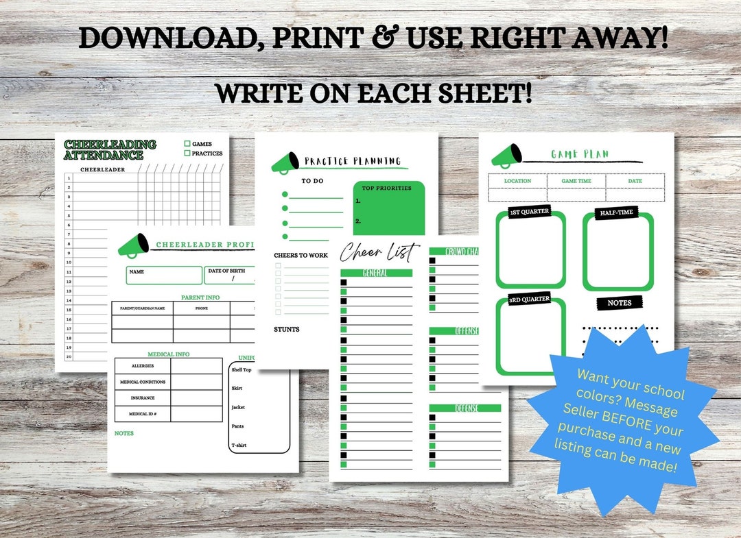 GREEN Cheer Season Planning Sheets, for Coach, Captain, Cheer ...
