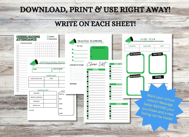 GREEN Cheer Season Planning Sheets, for Coach, Captain, Cheer ...