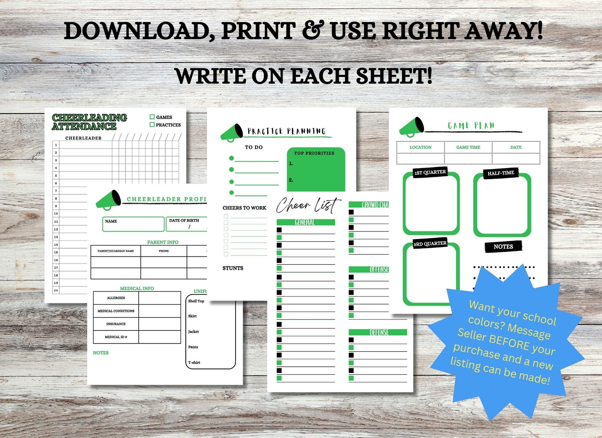 GREEN Cheer Season Planning Sheets, for Coach, Captain, Cheer ...