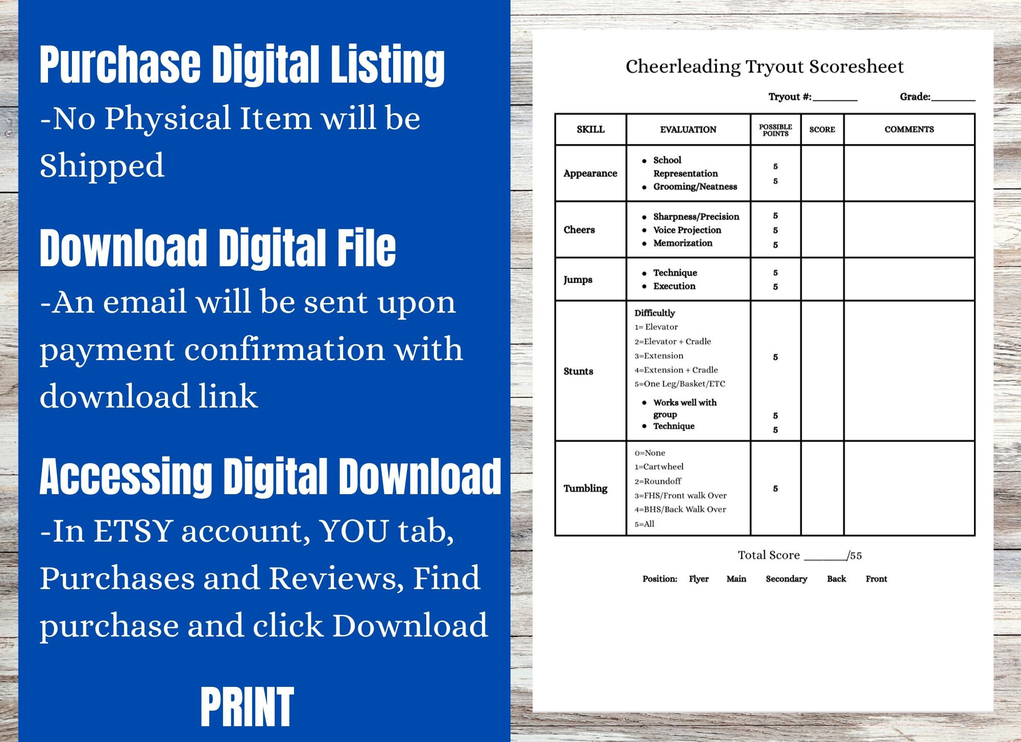 Printable Cheerleading Tryout Score Sheet. Instant Download Template ...