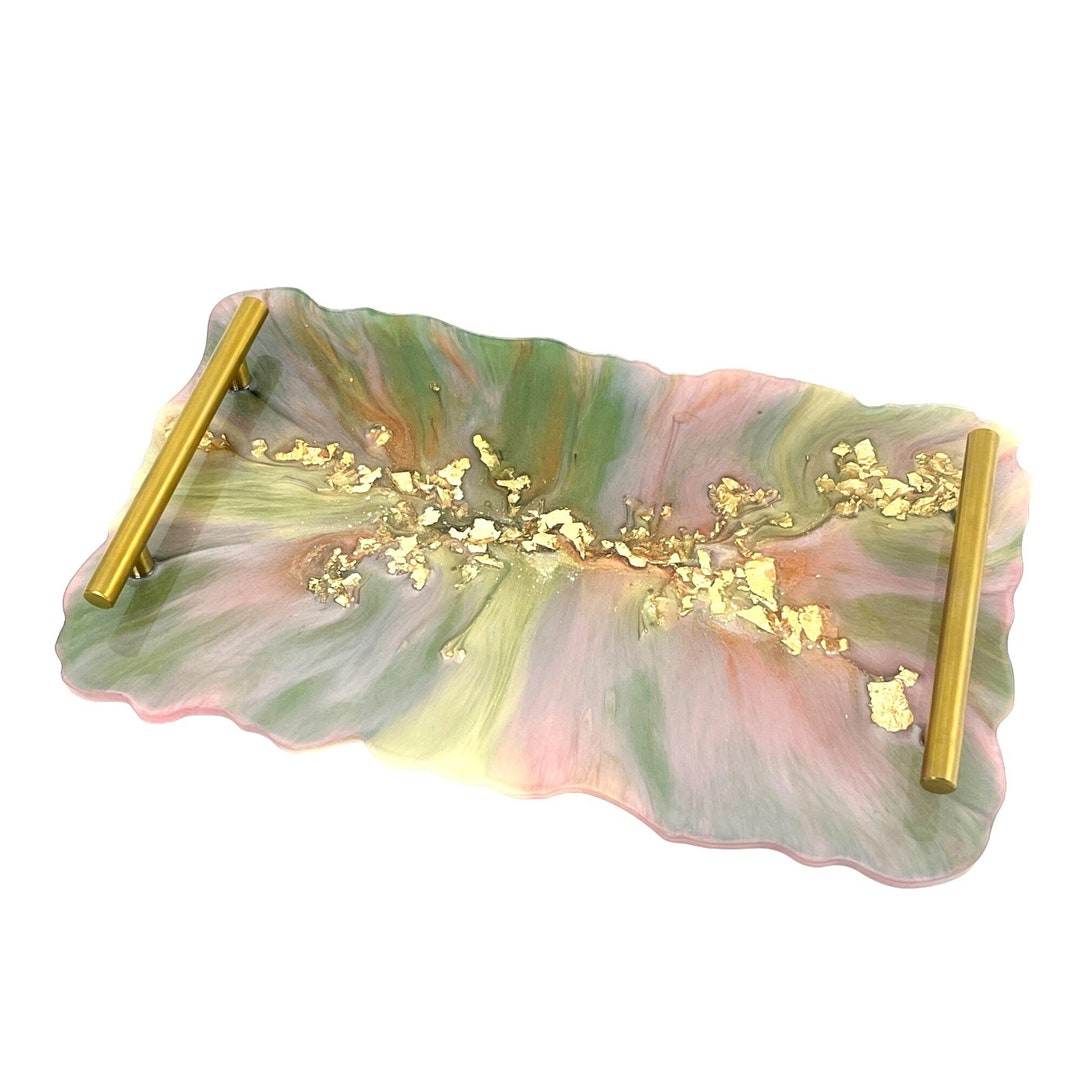 Resin Tray, Elegant Decorative Resin Tray With Gold Clear Handles, Pink ...
