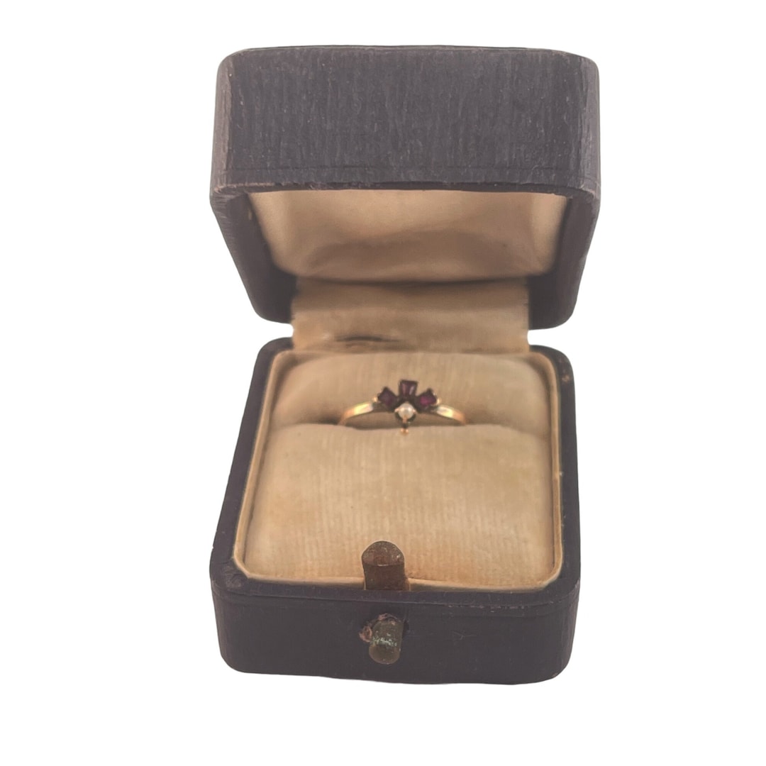 Vintage Rose Gold 14K Baby Ruby Ring With Pearl in Velvet Box - Etsy