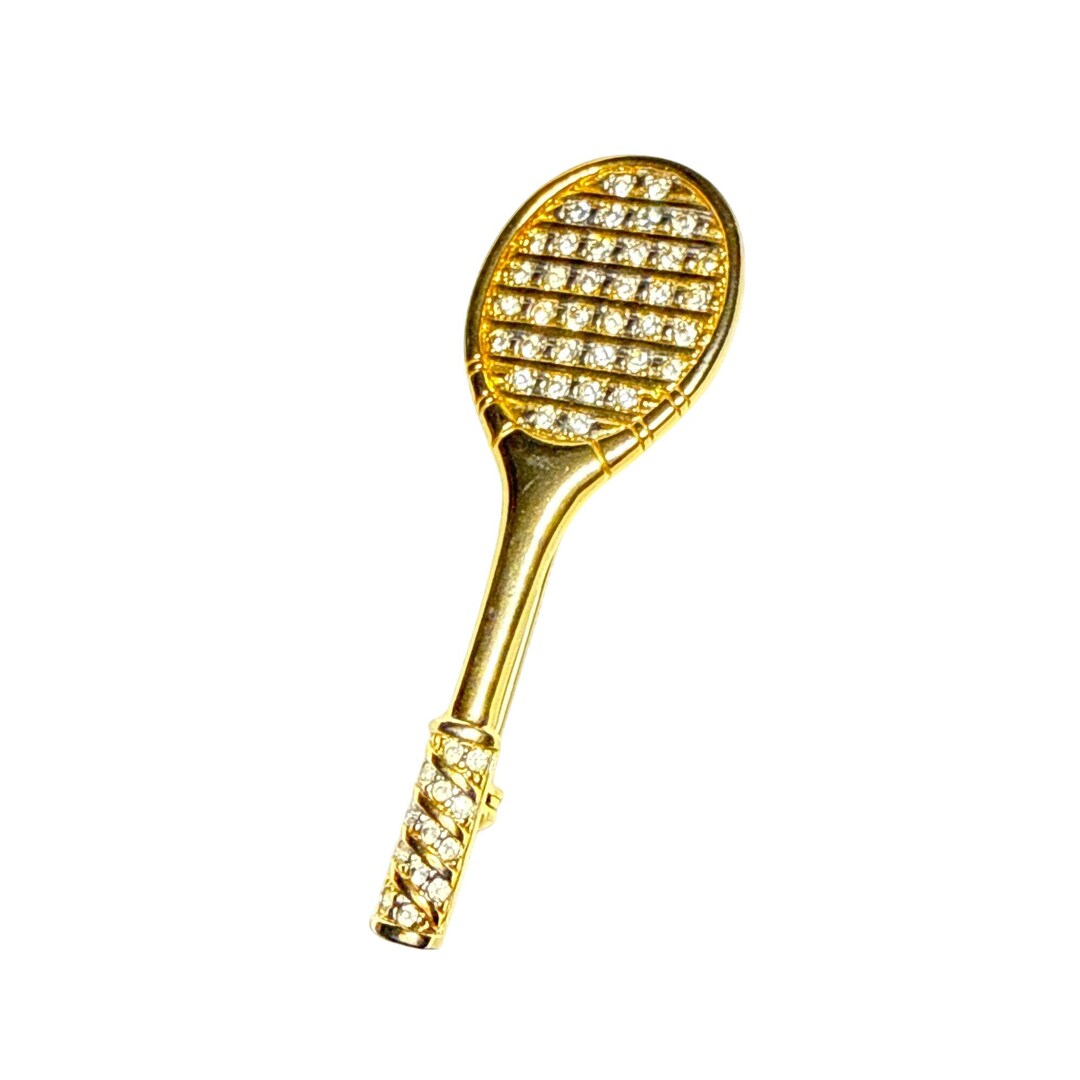 Gold Tone Rhinestone Tennis Racket Brooch Pin Sparkly Sports Jewelry ...
