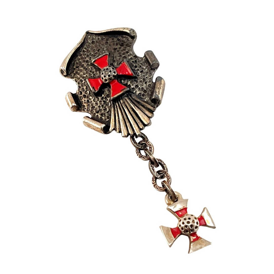 Shield and Cross Red Enamel Silver Plated Metal Pin With Dangling Cross ...