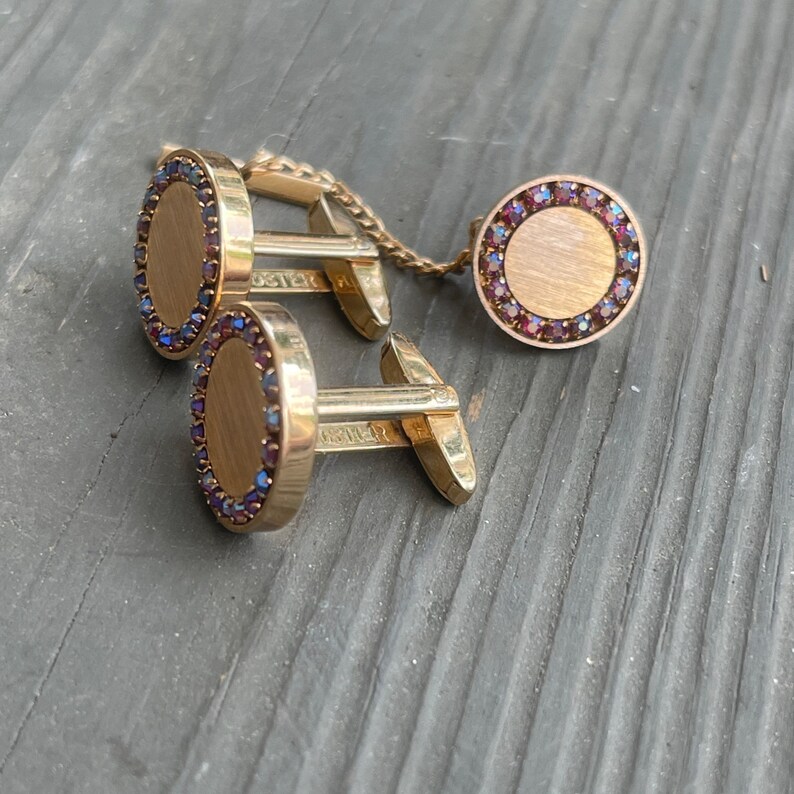 Vintage Gold Tone Cufflinks and Tie Tack Set With Iridescent Rhinestone ...