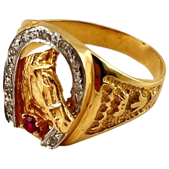 14k Gold Lucky Horse Mens Diamond And Ruby Ring, Vint… - Gem