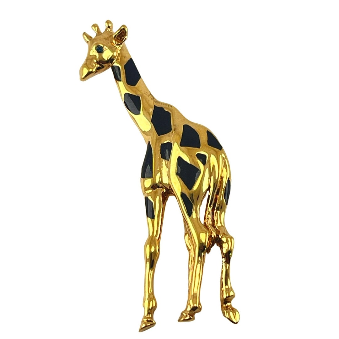 Gold Giraffe Pin Black Enamel Spots Clear Crystal Eyes Vintage Giraffe ...