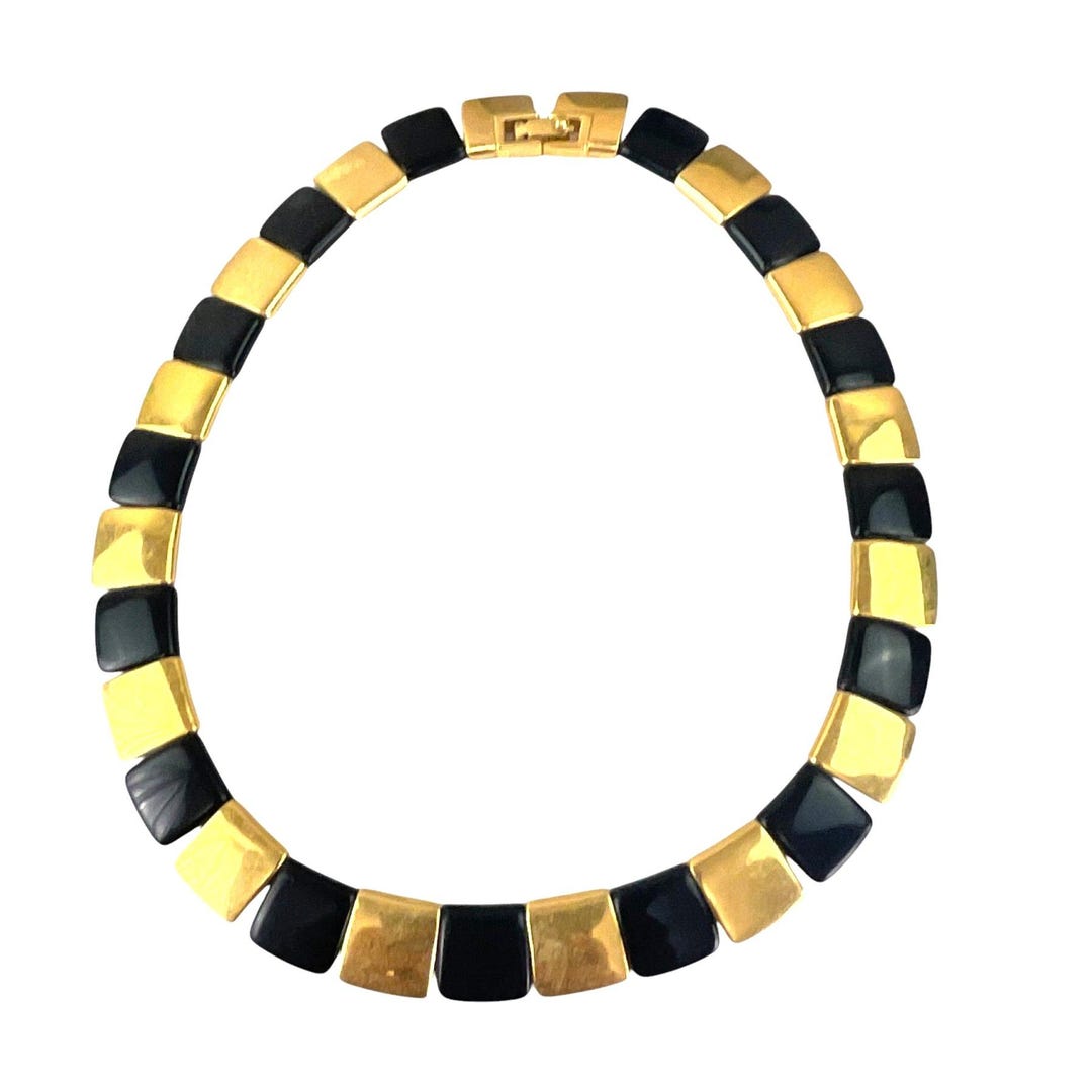 Vintage Monet Black & Gold 15 Checkerboard Necklace With Fold-over ...