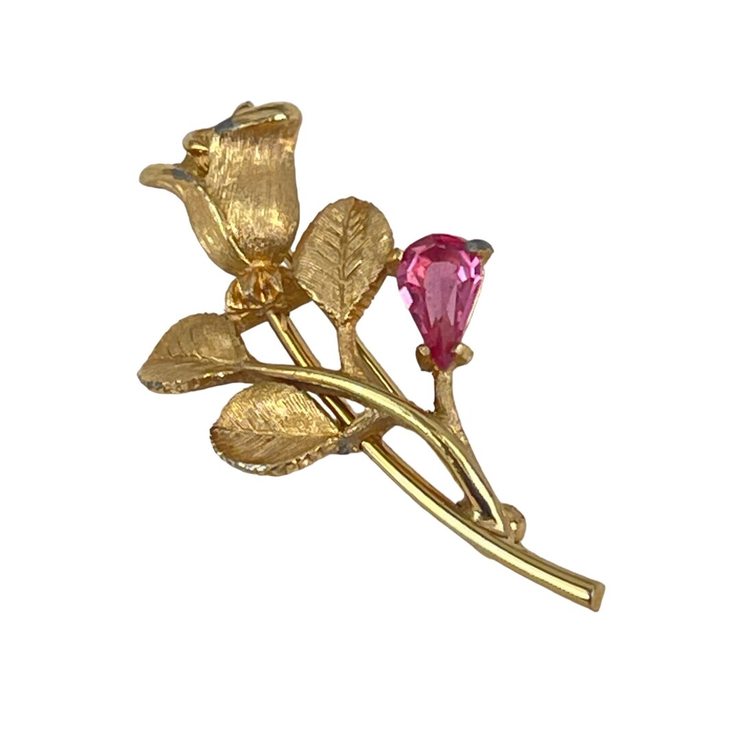 Avon Retro Gold Tone Rose Brooch With Pink Rhinestone Accent 2" - Etsy