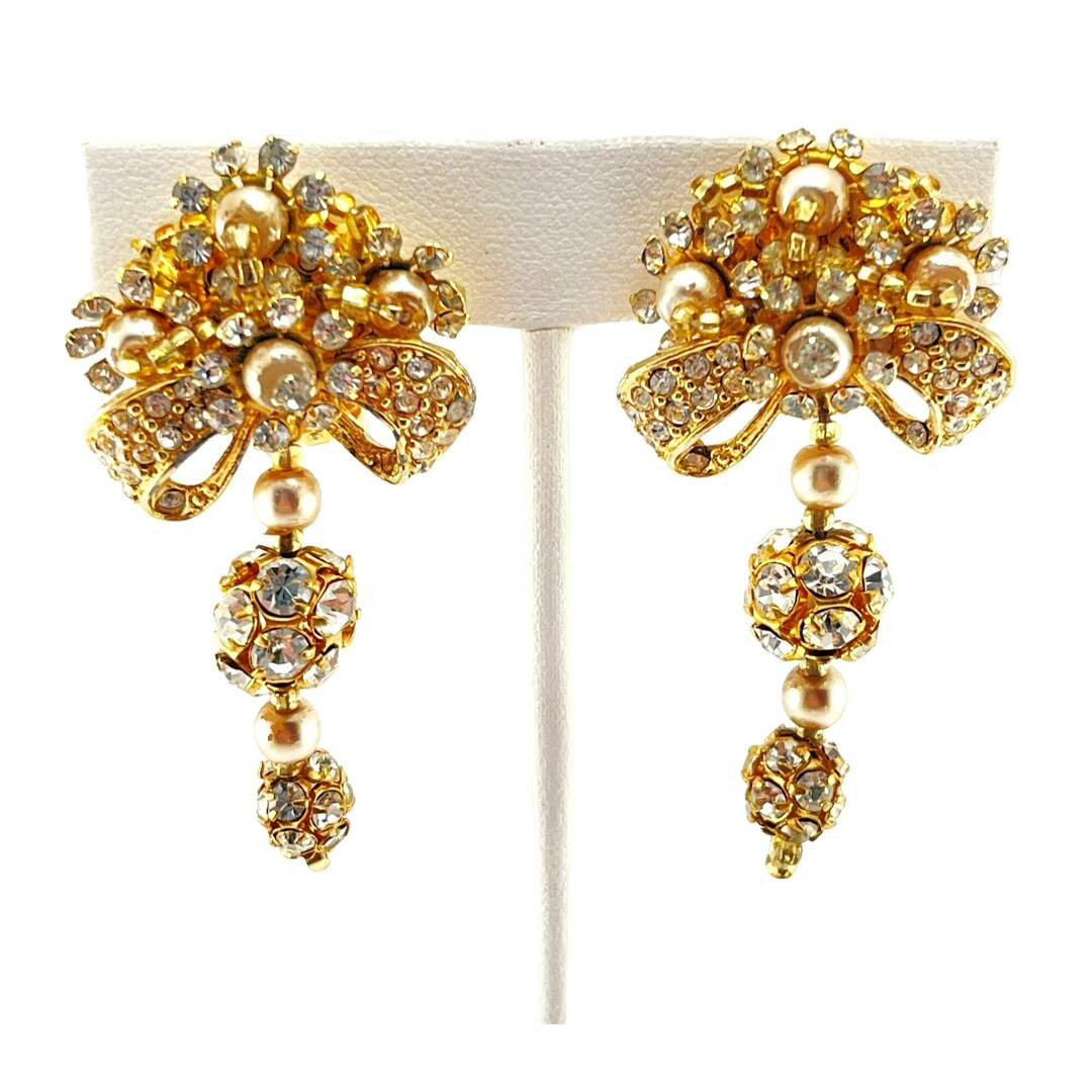 Lois Ann Clip Earrings Bow With Faux Pearl and Rhinestone Drop Holiday ...