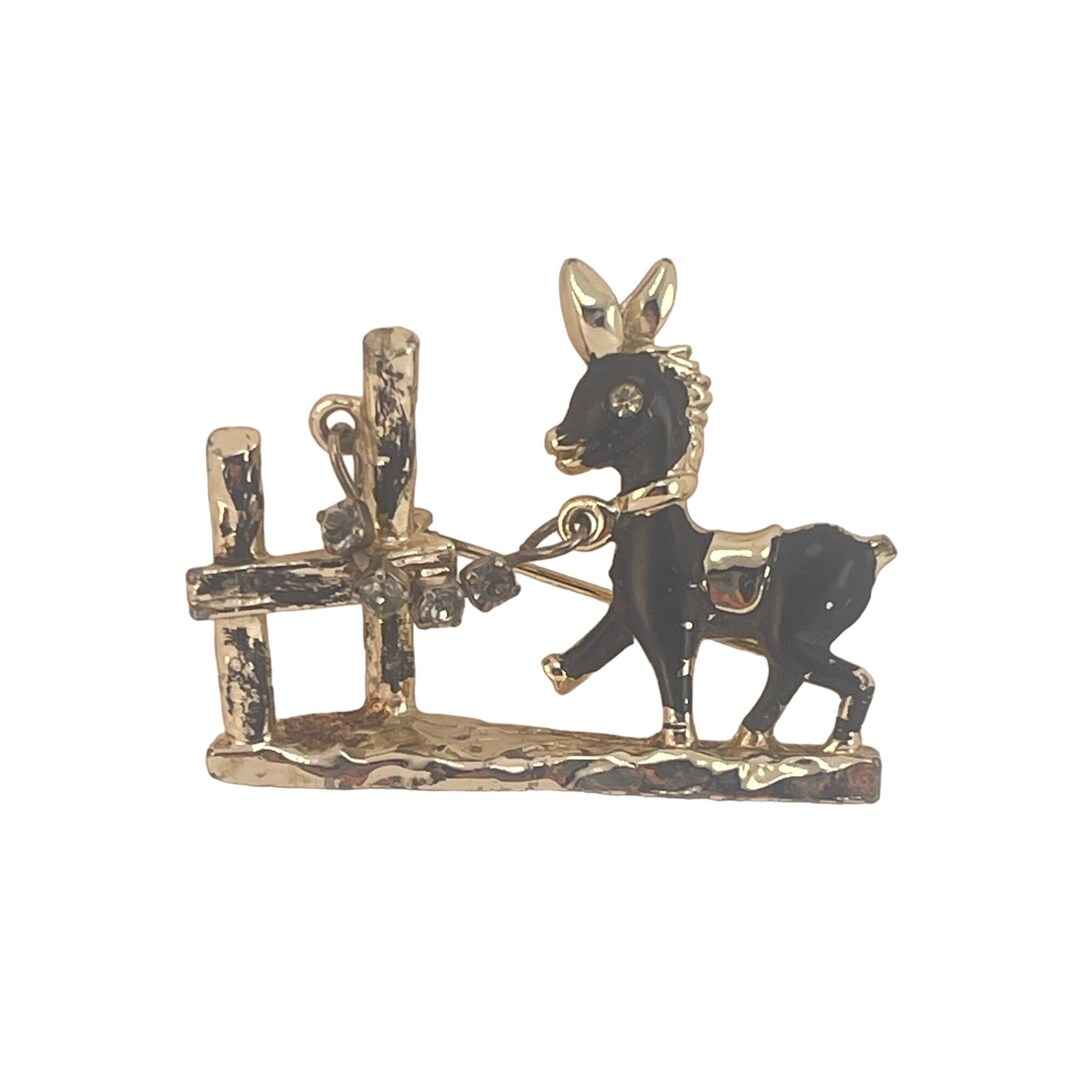 Vintage Gold & Black Enamel Donkey With Fence Brooch Pin - Etsy