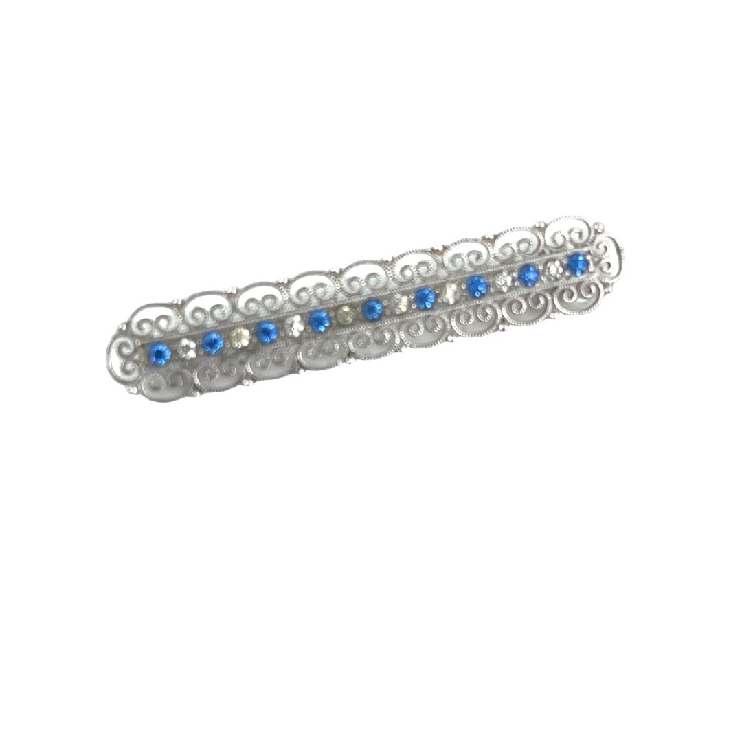 Vintage Sterling Silver Bar Pin With Blue Rhinestones & Filigree Design ...
