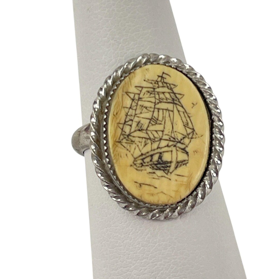 Vintage Sterling Silver & Scrimshaw Bone Ship Design Oval Ring Size 7.5 ...