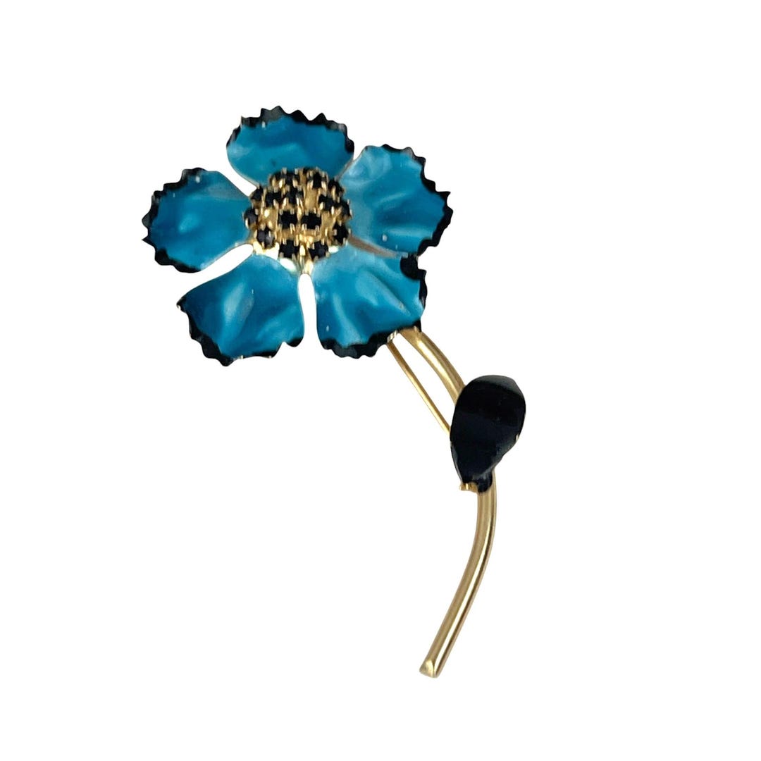 Vintage Blue Flower Enamel Brooch Pin With Gold-toned Accents ...