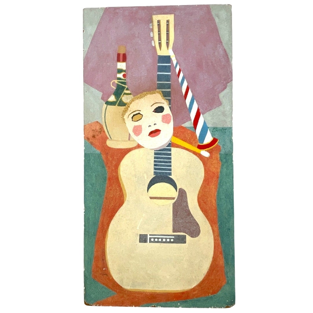 Raphael Ellender Signed Cubist Style Painting With Mask & Guitar Oil on ...
