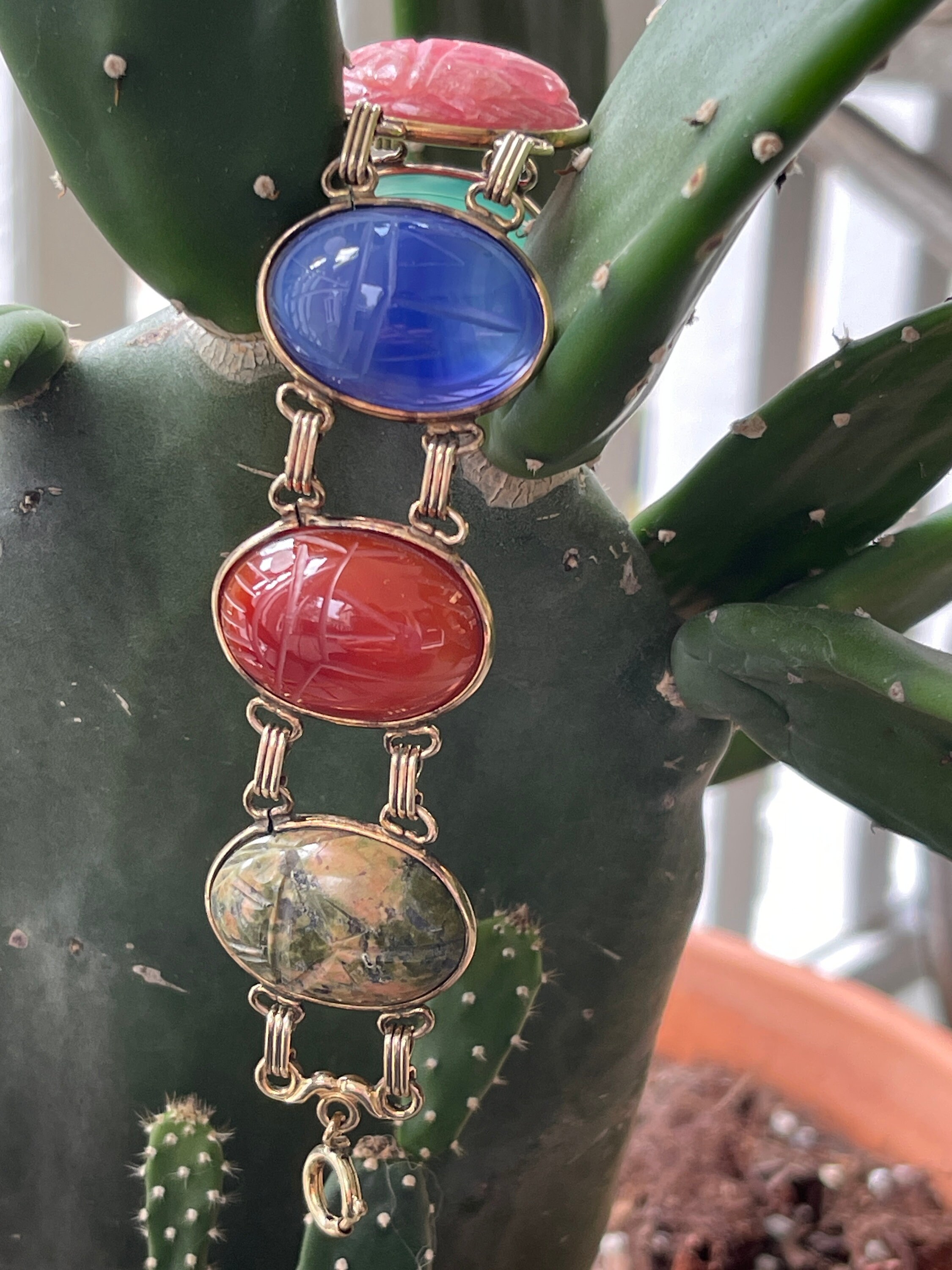 Scarab Beetle Bracelet 6 Semi-precious Hand Carved Stones, Trendy ...