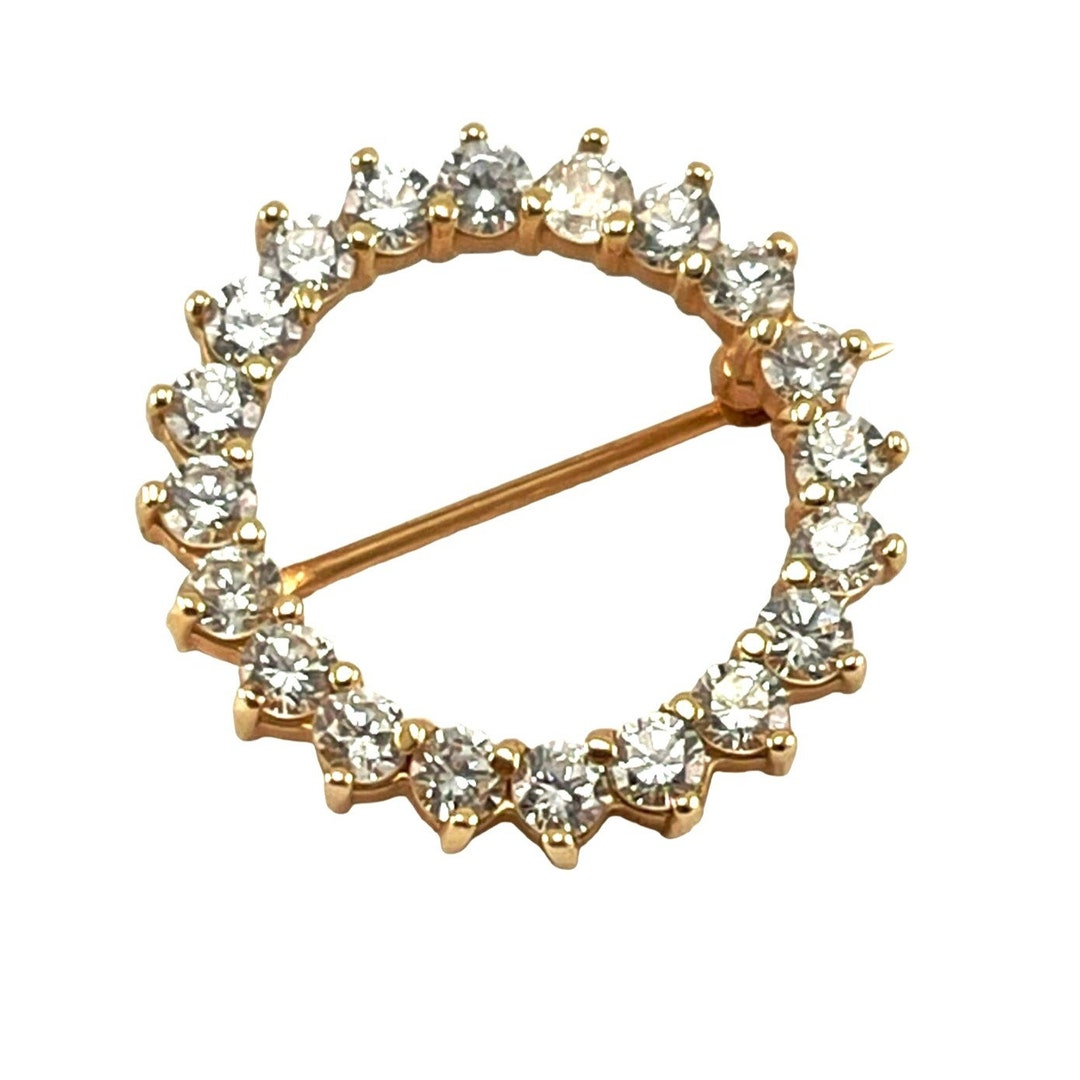 Vintage Cubic Zirconia Brooch 14K Yellow Gold 1 Inch Wreath Brooch Pin ...