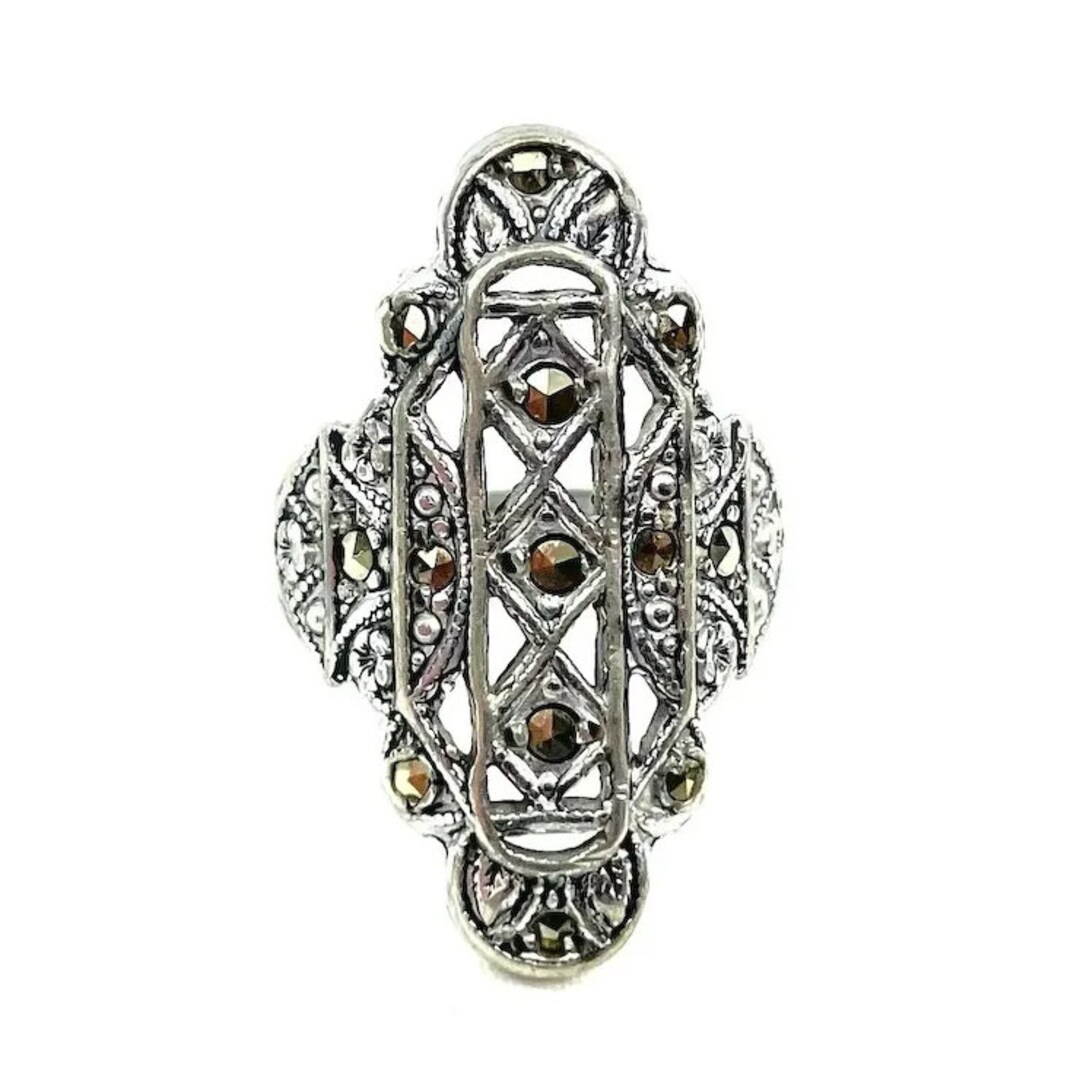 Uncas Rhodium Plate & Marcasite Ring Art Deco Era, Trendy Ring, Ring ...