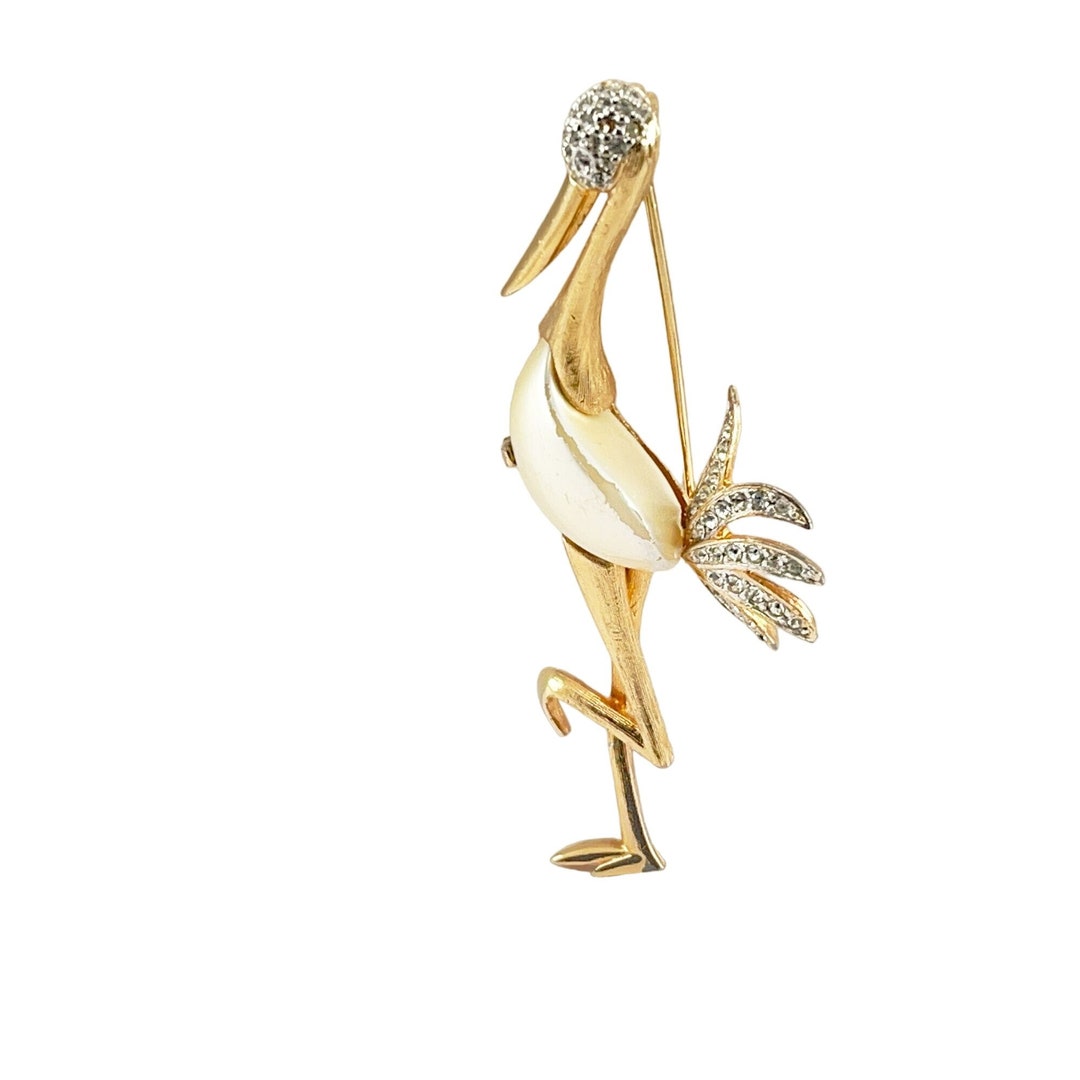 Stork Pin Brooch Rhinestones Gold Plate Faux Pearl Vintage Mid Century ...