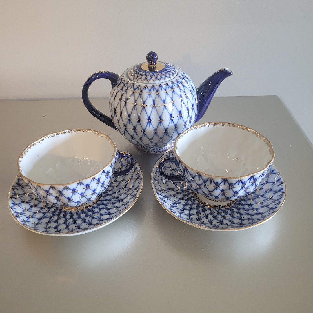 Lomonosov Porcelain Cobalt Net Teapot / 2 Cups and Saucers Made in ...