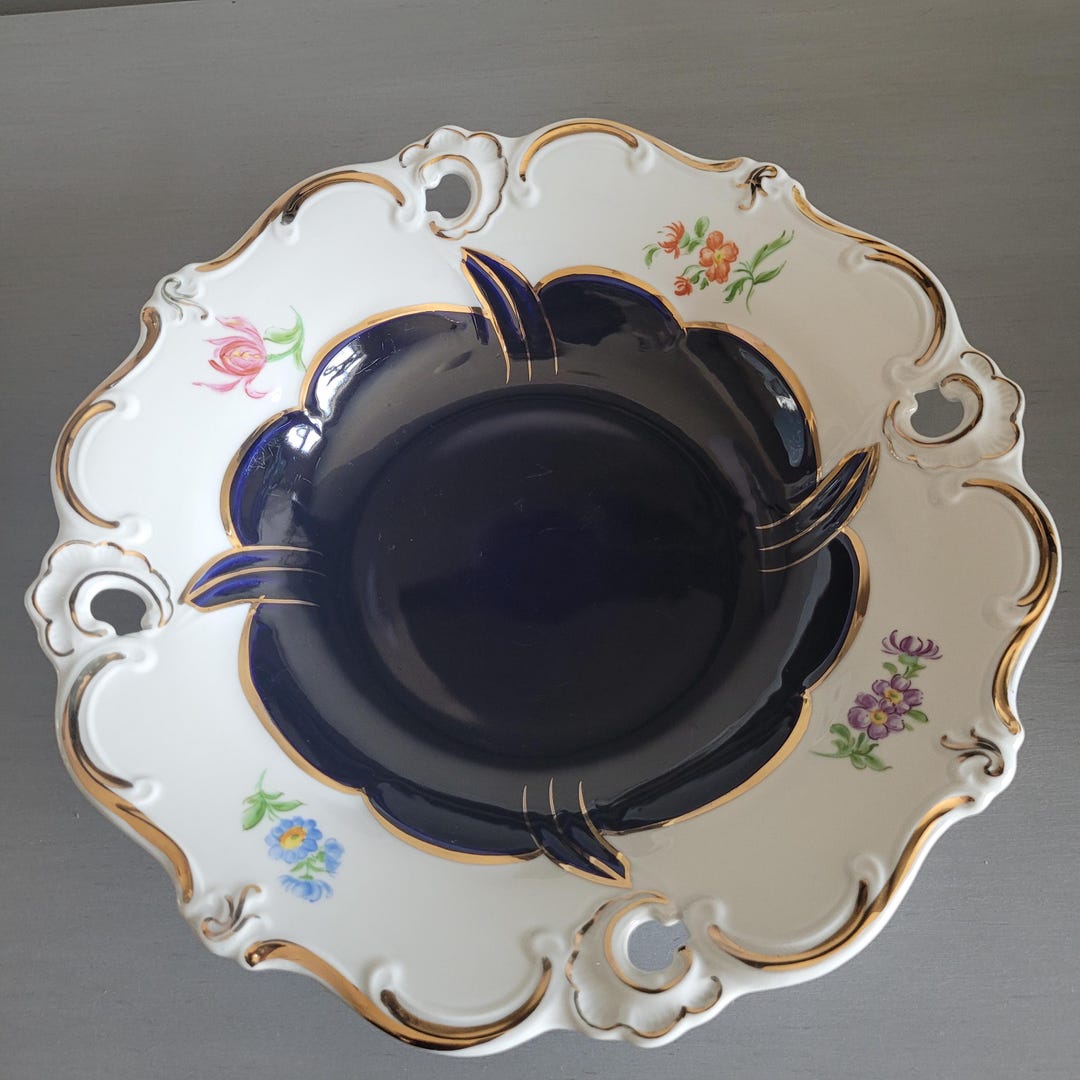 12" Weimar East German Gold and Navy Decorative Dish - Hand Painted - Etsy
