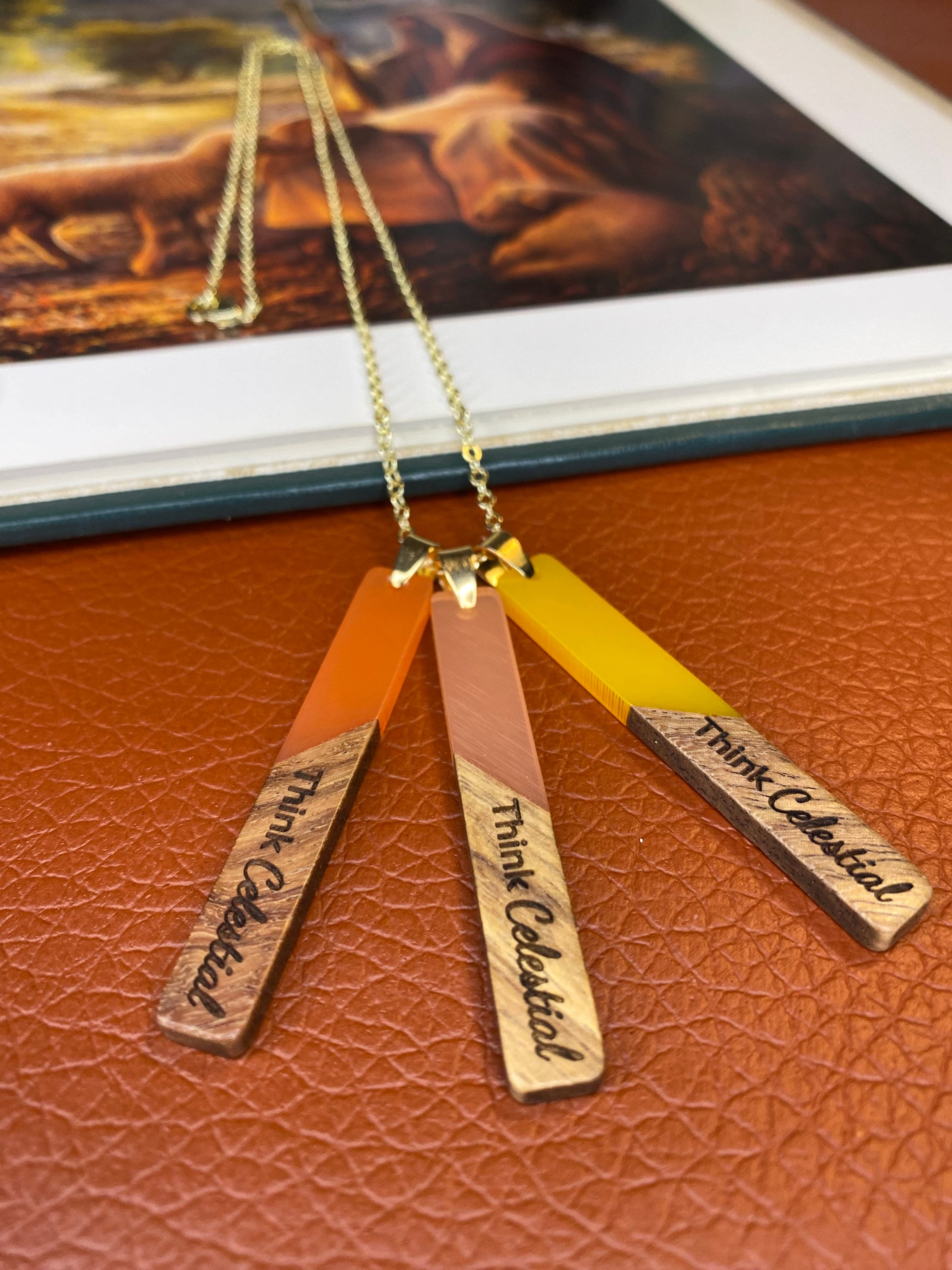 GOLD “think Celestial” NECKLACE | Resin Wood Bar Charm | President ...