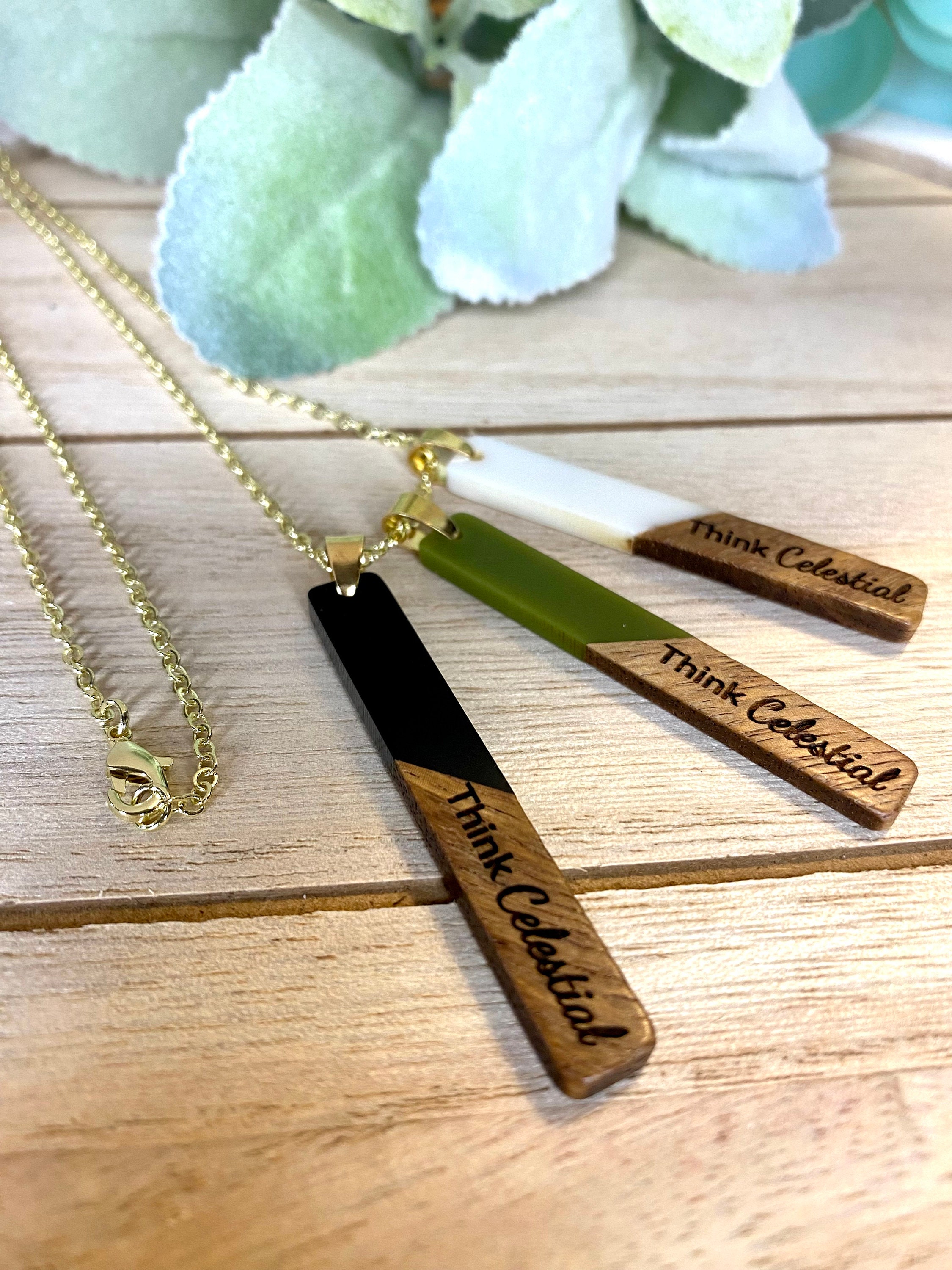 GOLD “think Celestial” NECKLACE | Resin Wood Bar Charm | President ...