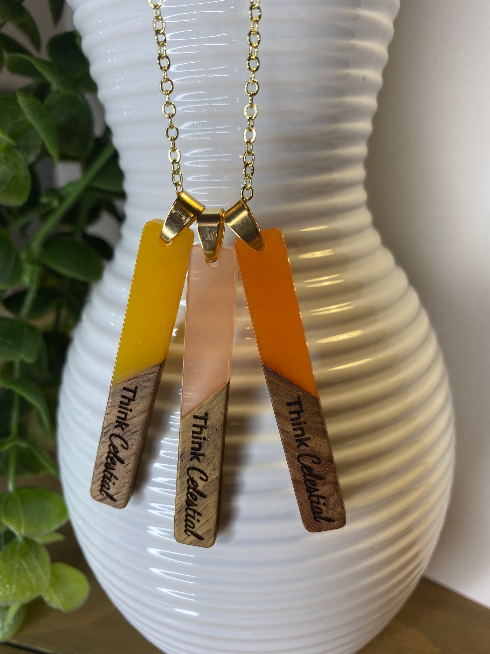 GOLD “think Celestial” NECKLACE | Resin Wood Bar Charm | President ...