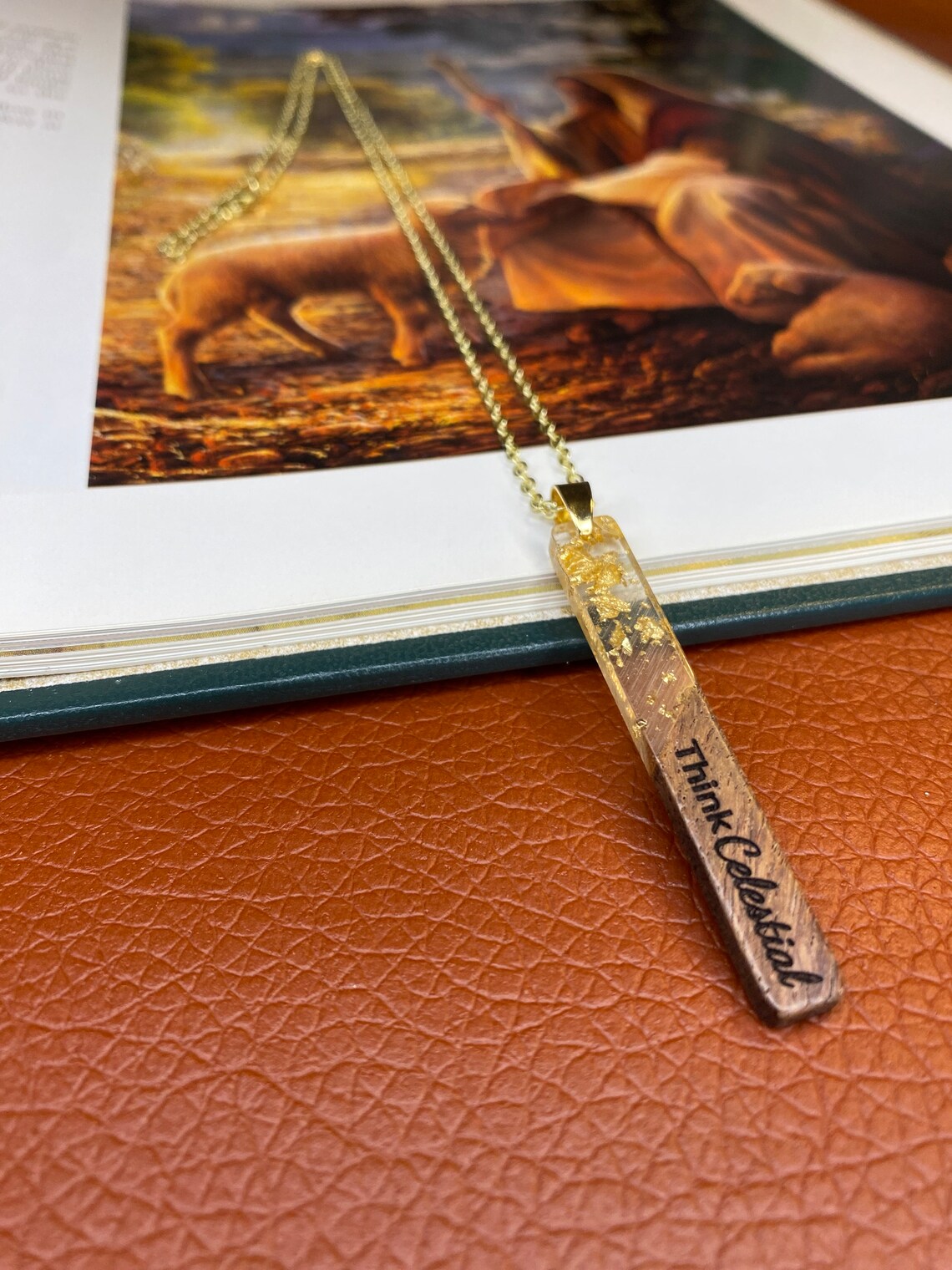 GOLD “think Celestial” NECKLACE | Resin Wood Bar Charm | President ...