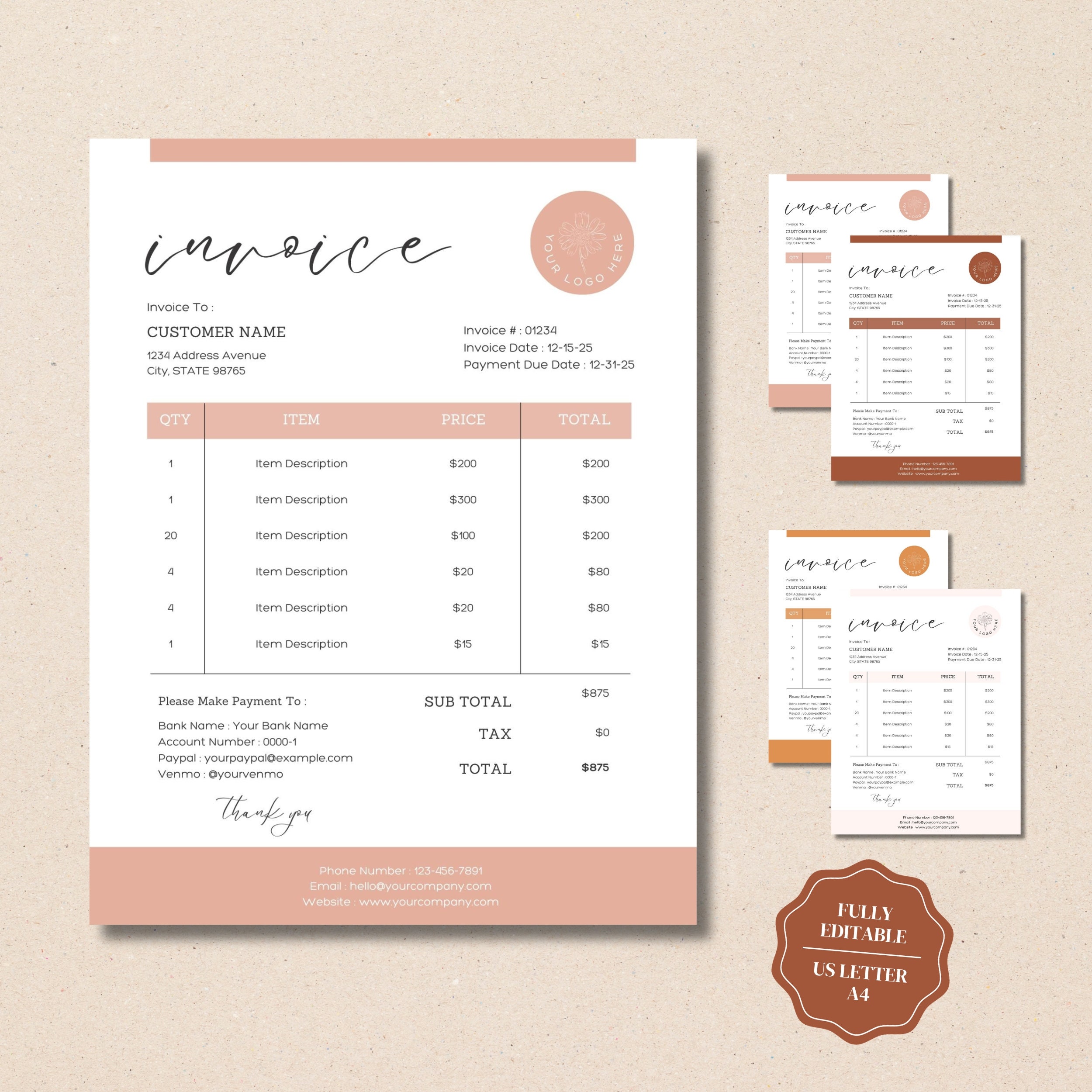 Editable Invoice Template Printable Order Form Invoice Boho - Etsy